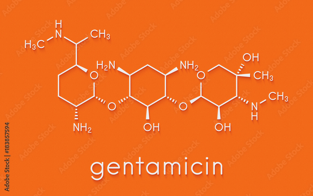 Gentamicin antibiotic drug (aminoglycoside class) molecule. Skeletal ...