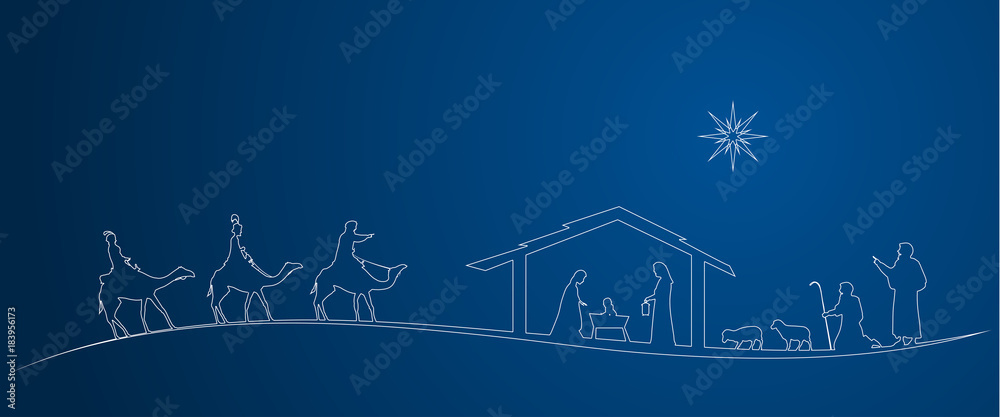 Christmas time. Nativity scene with Mary, Joseph, baby Jesus, shepherds ...