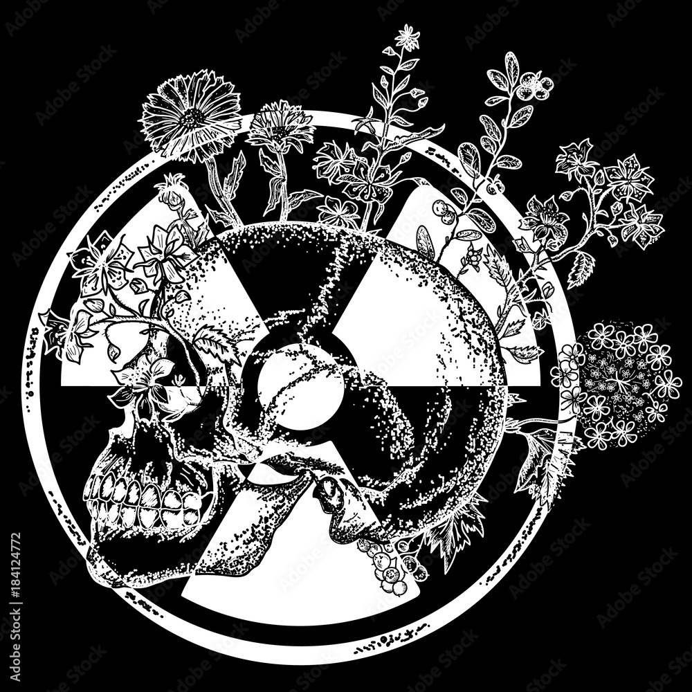 Atomic skull tattoo and t-shirt design. Symbol of radiation, apocalypse ...