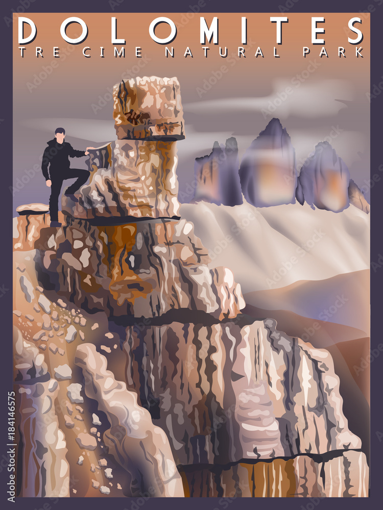 Dolomites travel card. Handmade drawing vector illustration. Stock ...