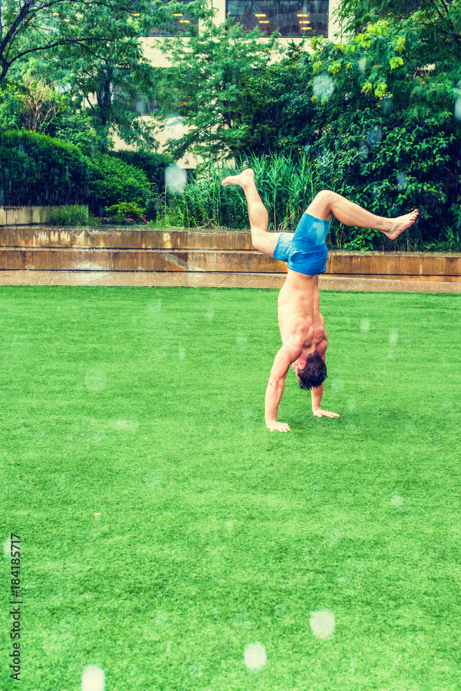 Man Playing in Rain, foggy, wet, grainy feel. Shirtless, half naked ...