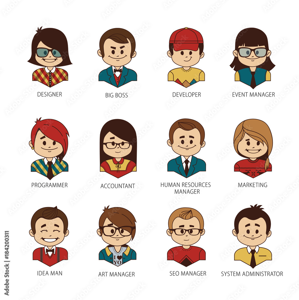 Set of round people icons your office team. Man and woman, boy and girl ...