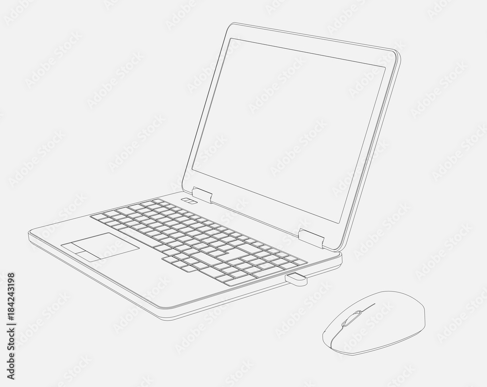 Cad Drawing of Laptop Computor and Mouse White Background Stock ...