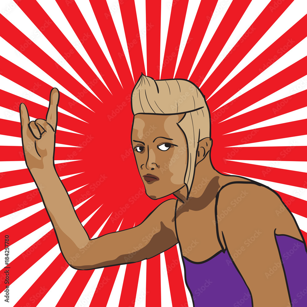 Vector portrait of the rebel girl showing the sign of the horns in a ...