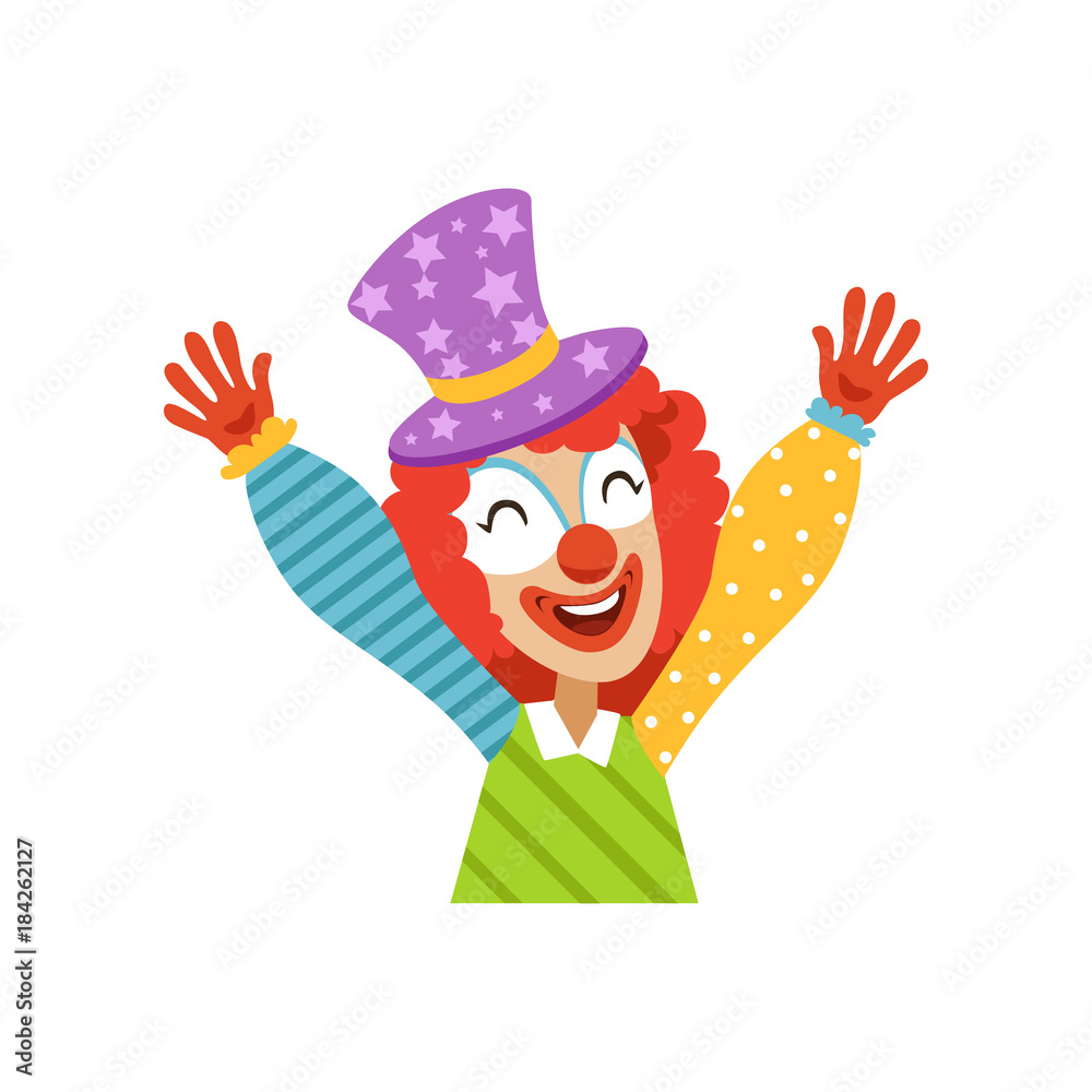 Funny circus clown raising his hands, avatar of cartoon friendly clown ...
