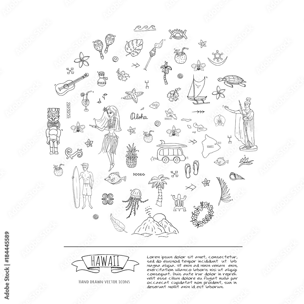 เวกเตอร์ Stock Hand drawn doodle Hawaii icons set Vector illustration ...