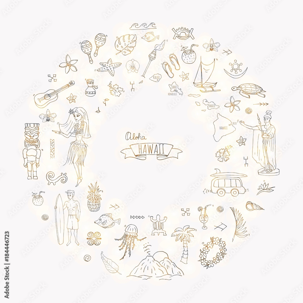 Hand drawn doodle Hawaii icons set Vector illustration isolated symbols ...