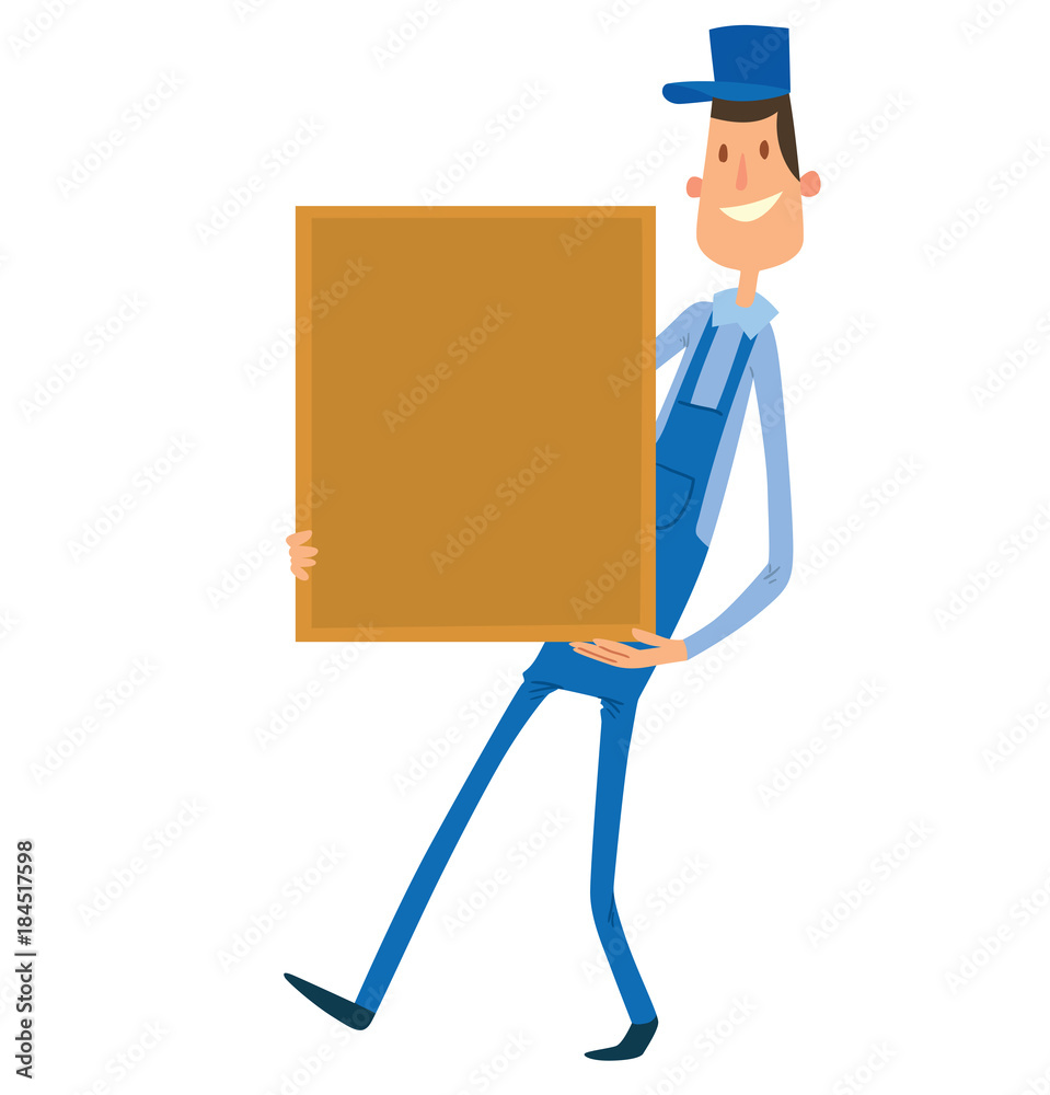 Vector cartoon image of a porter man with dark hair. Man in blue ...
