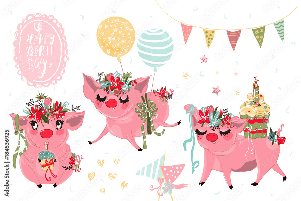 Beautiful piggy birthday vintage vector watercolor collection, set of ...