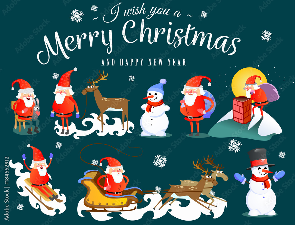 merry christmas and happy new year card, church and green tree under ...