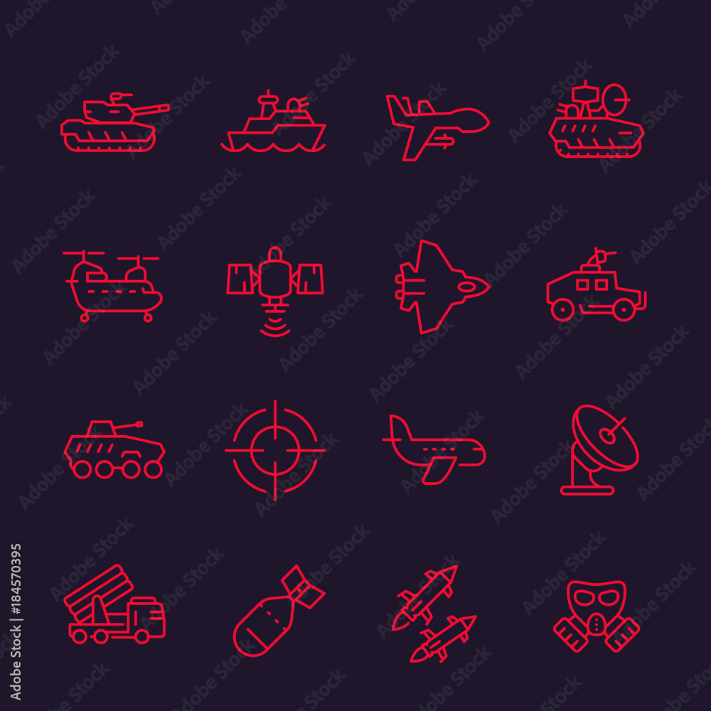 army, military line icons set, combat drone, tank, aviation, navy, ship ...