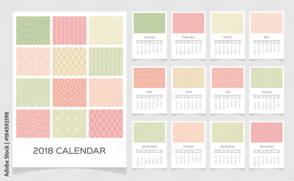 Calendar 2018. Cute monthly calendar with geometric pattern designs ...