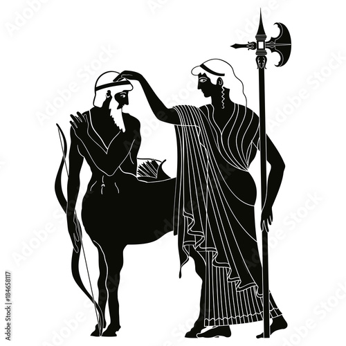 Vector Greek drawing.Mythical creature Centaur with a bow and Athena ...
