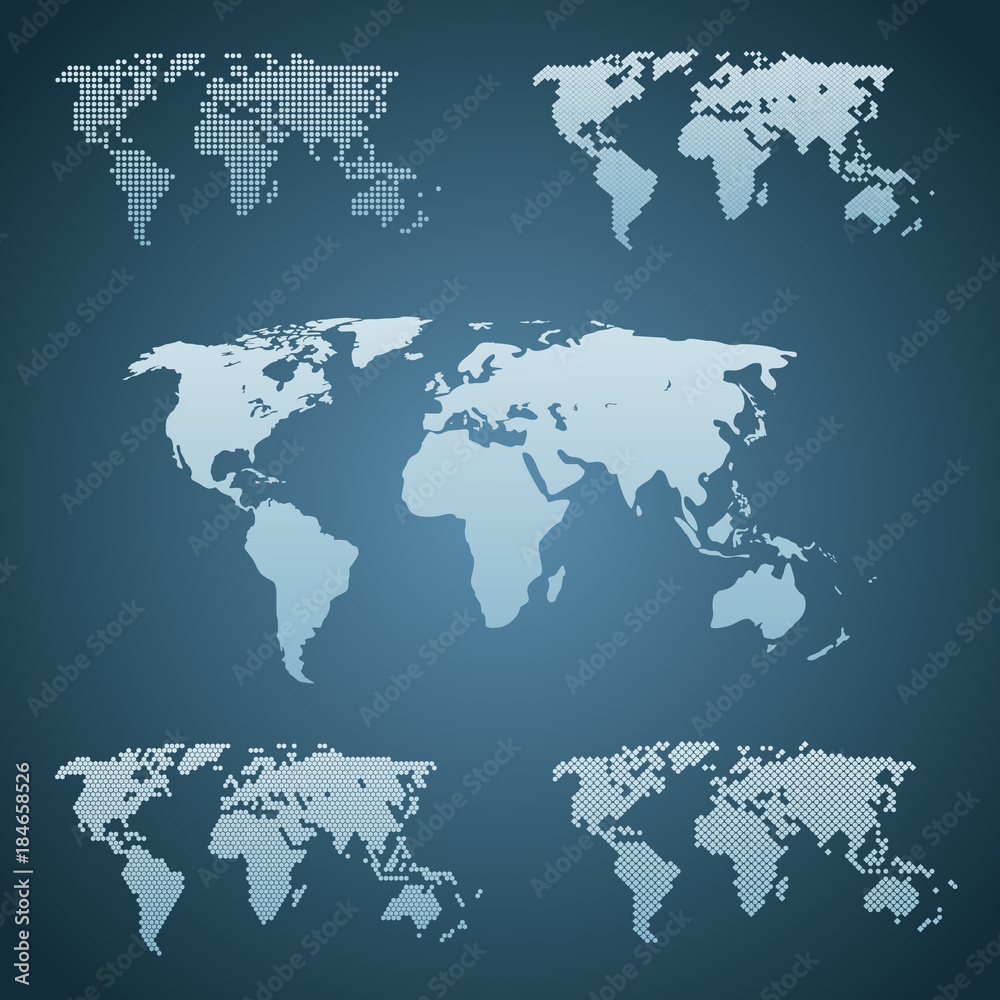 Vector de Stock Five stylized world maps isolated. World map globe ...