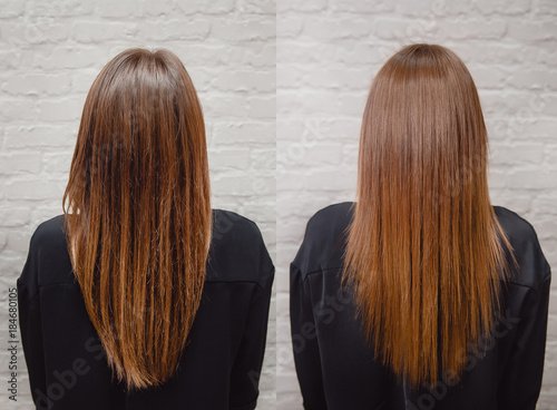 Keratin hair, botox. Hair before and after treatment. Stock Photo ...