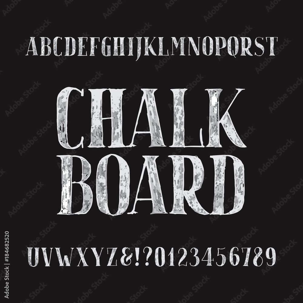 Chalk board alphabet font. Hand drawn type letters and numbers on a ...