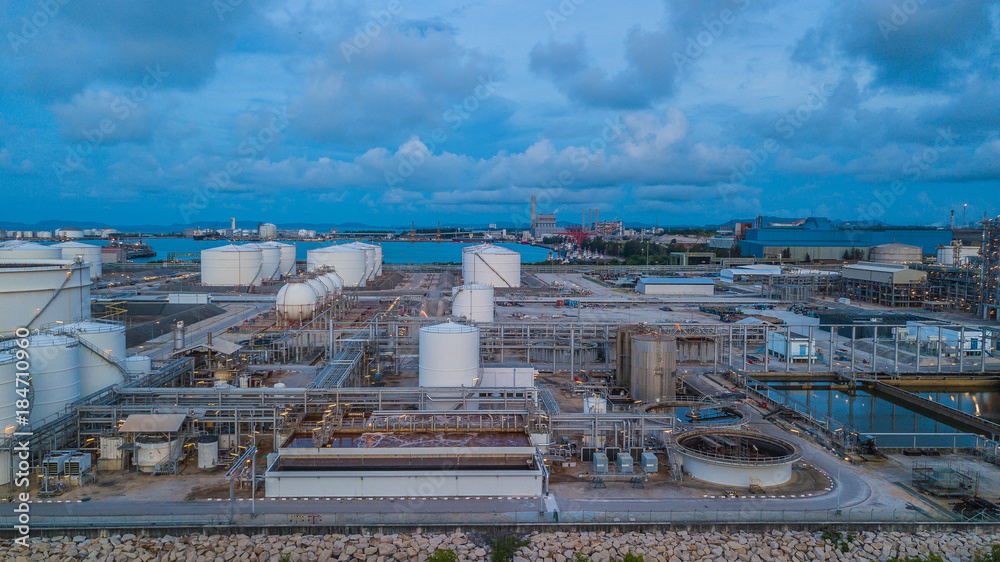 Aerial view oil terminal is industrial facility for storage of oil and ...