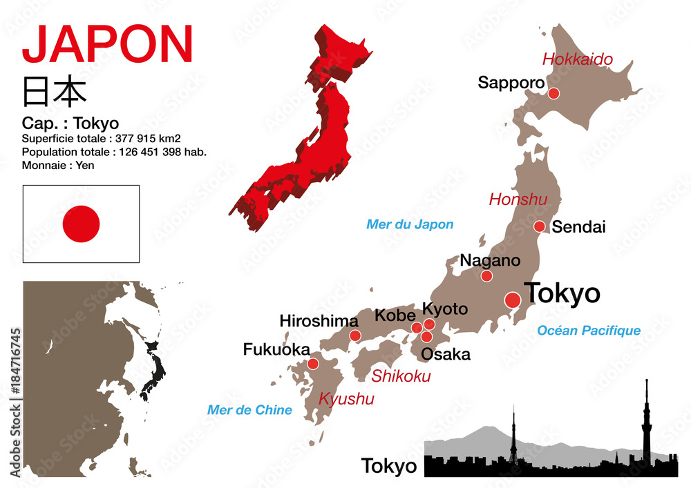 Japon - carte - symbole - drapeau - Tokyo - monument - présentation ...