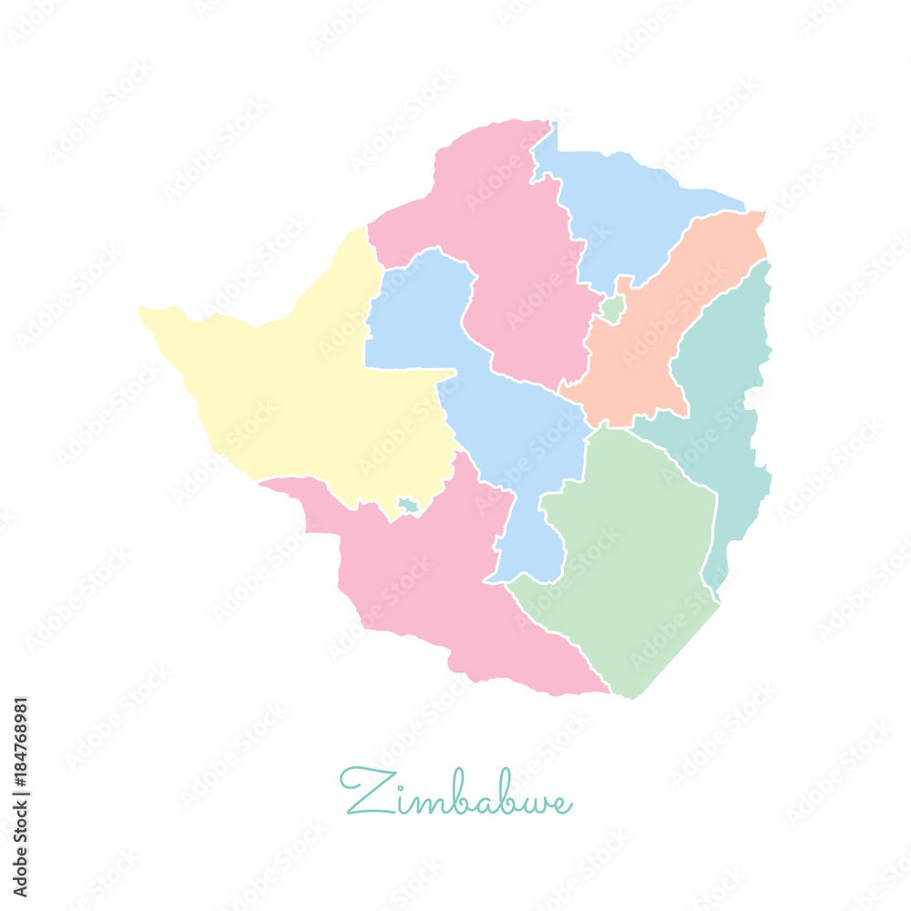 Zimbabwe region map: colorful with white outline. Detailed map of ...