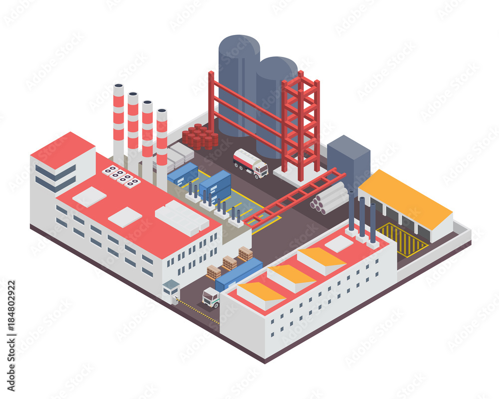 Modern Isometric Industrial Factory and Warehouse Logistic Building ...