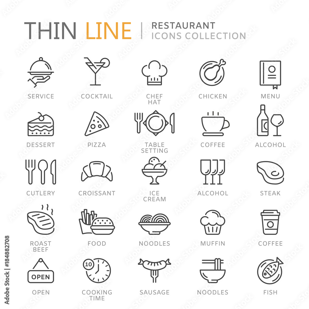 Collection of restaurant thin line icons Stock Vector | Adobe Stock