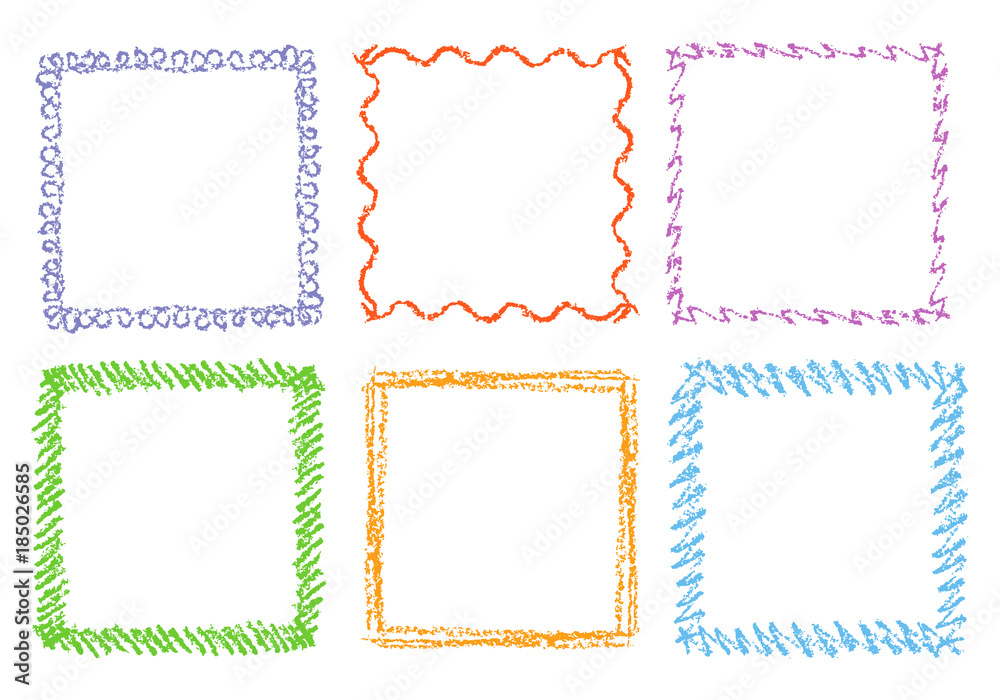 Crayon hand drawing square frames. Set of colorful rectangular ornate ...