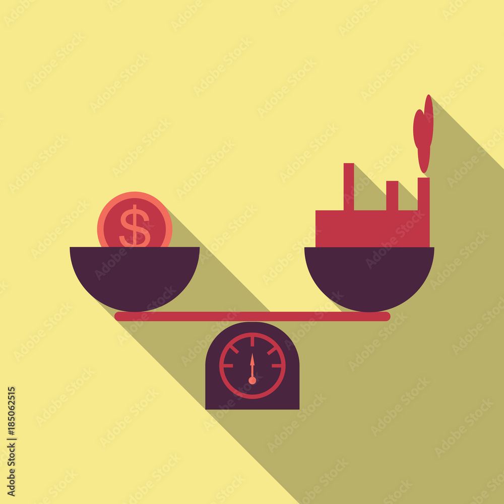 Scales with currency and factory, Flat design, Libra, vector ...