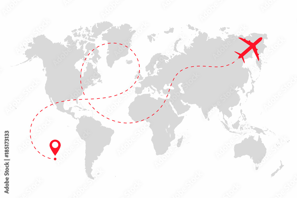 Airplane path in dotted line shape on world map. Route of plane with ...
