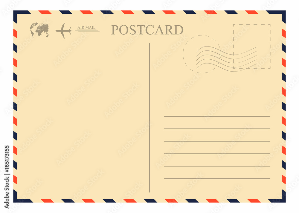 Vintage postcard template. Retro airmail envelope with stamp, airplane ...