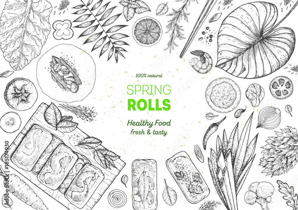 Asian food menu design template. Spring rolls and ingredients for ...