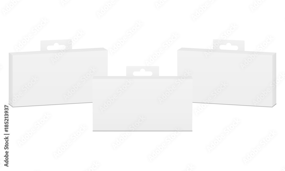 Set of paper rectangular boxes with hang tabs. Three mockups to display ...
