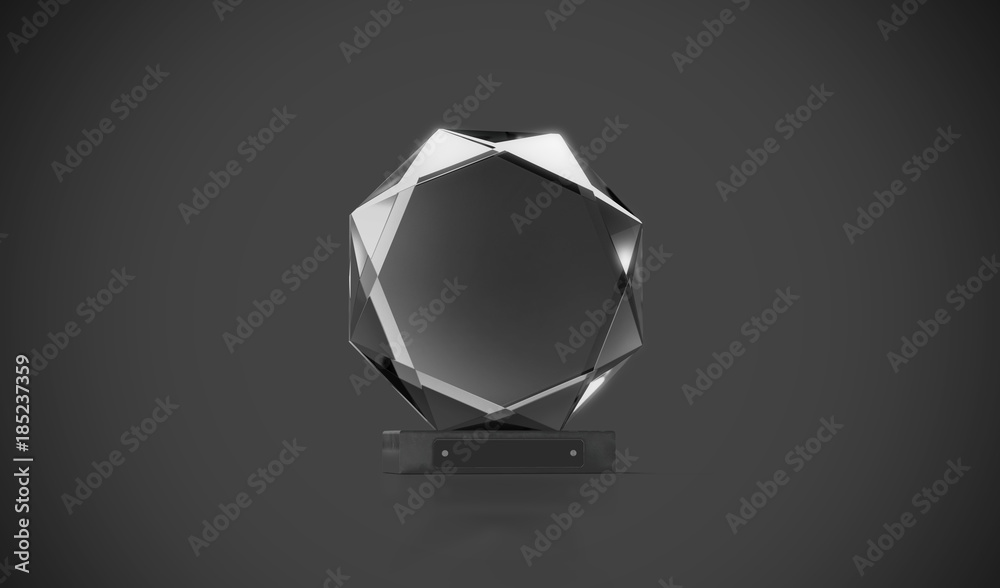 Blank black round glass trophy mockup in darkness, 3d rendering. Empty ...