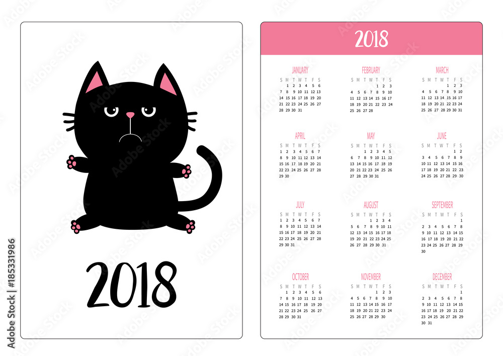 Pocket calendar 2018 year. Week starts Sunday. Black cat icon. Kawaii ...