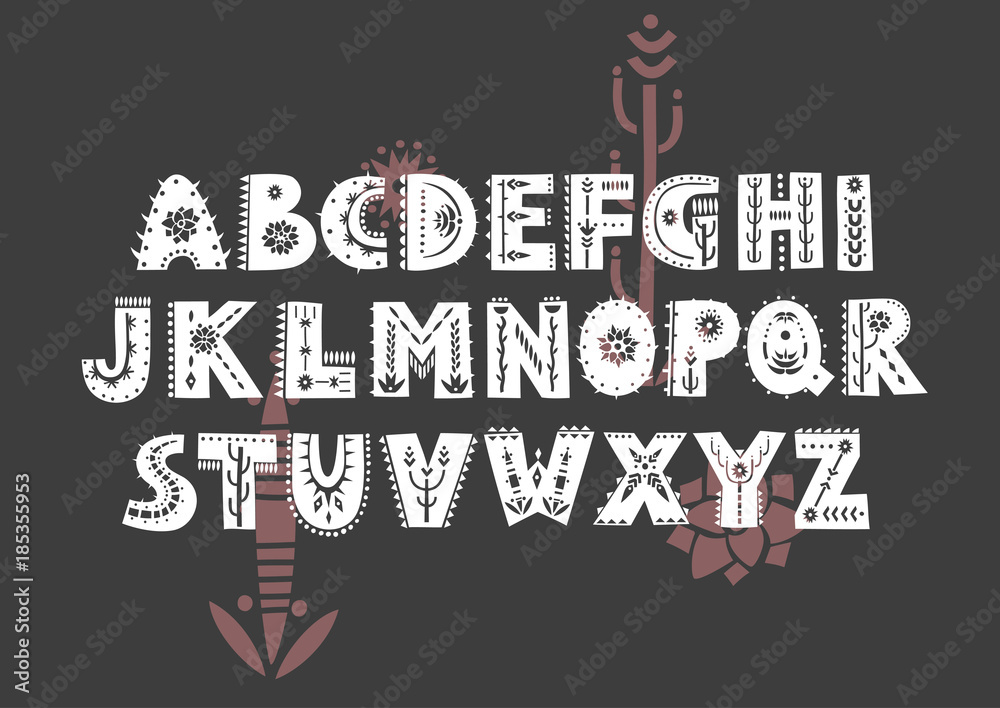Vector patterned alphabet decorated with folk ornaments based on desert ...