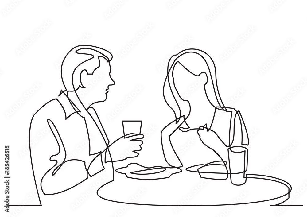 continuous line drawing of man and woman dining in restaurant Stock ...