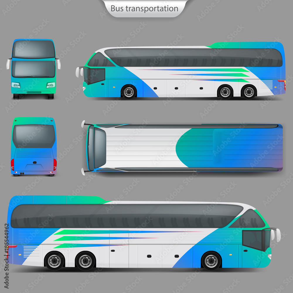 Realistic vector coach bus mockup, rear, front, top, side view ...