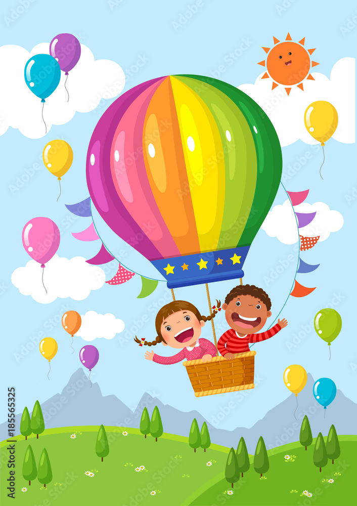 Cartoon kids riding a hot air balloon over the field Stock Vector ...