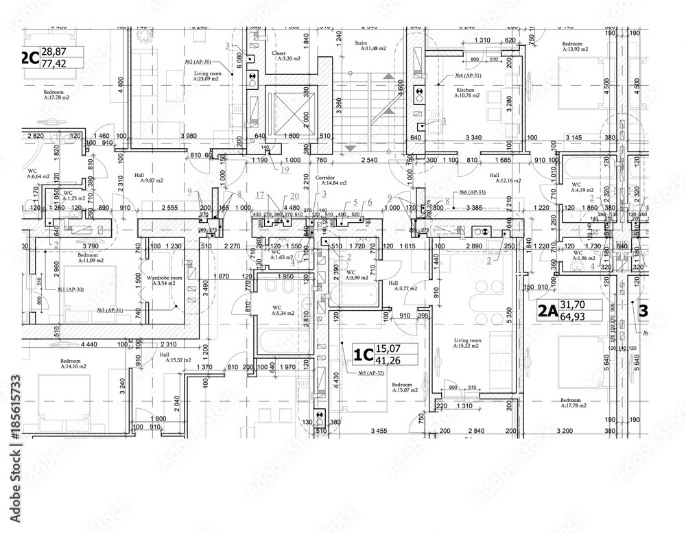 Part of a detailed architectural plan, floor plan, layout, blueprint ...