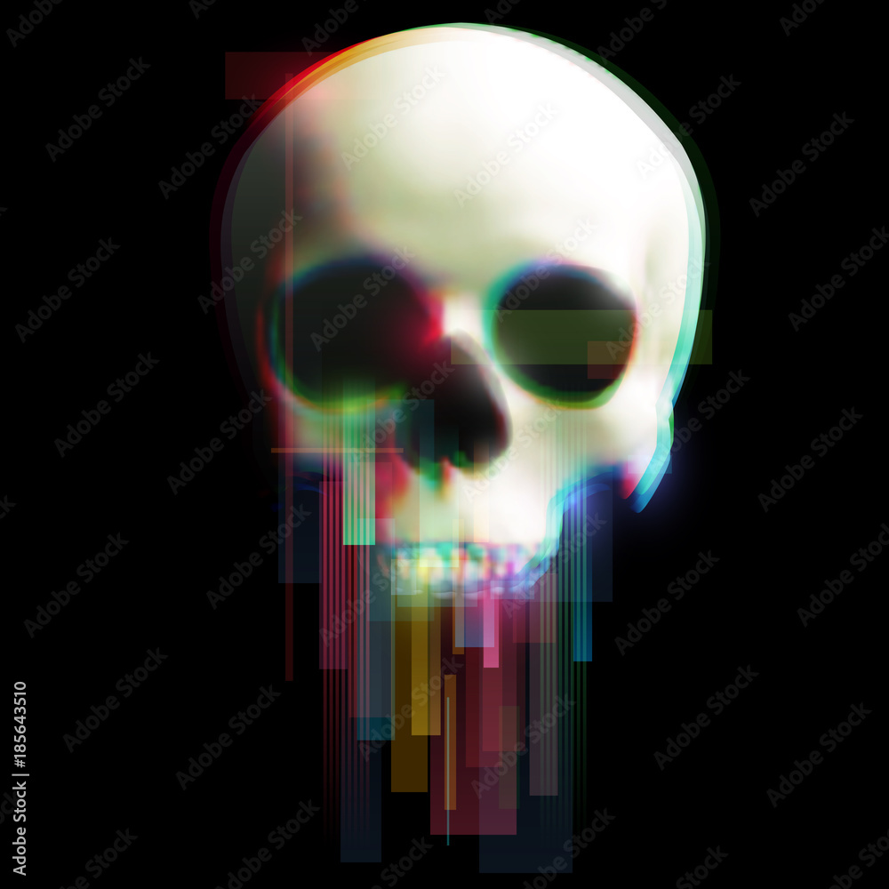 Human skull in distorted glitch style on black background. Modern ...
