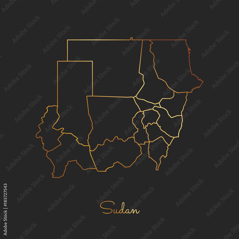 Sudan region map: golden gradient outline on dark background. Detailed map of Sudan regions ...