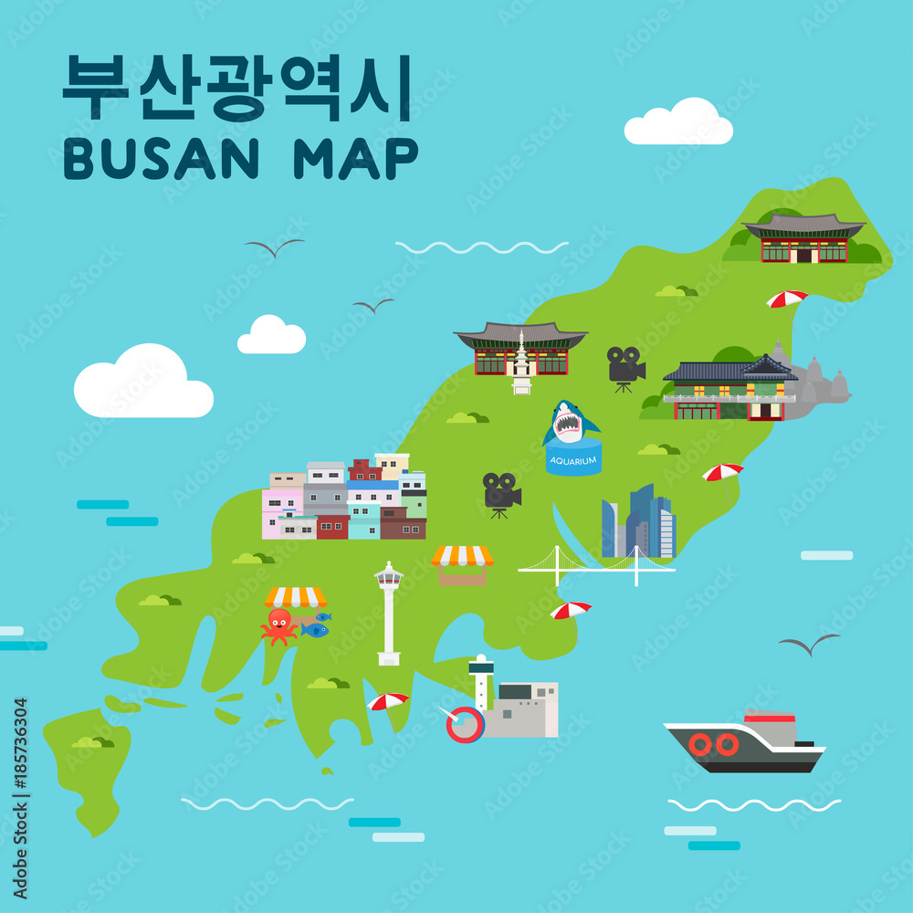 Busan travel map vector illustration, Attractions in flat design ...