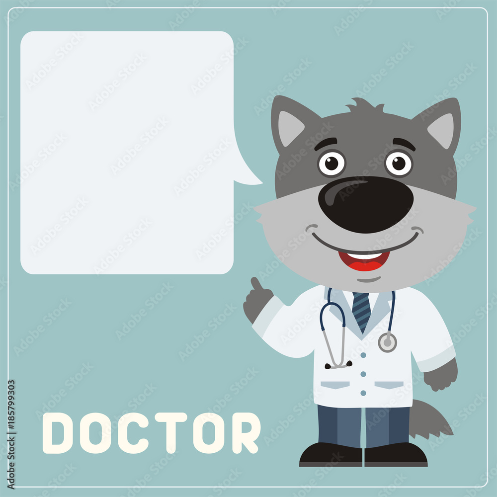 Doctor wolf with bubble speech in cartoon style. Smiling doctor wolf ...
