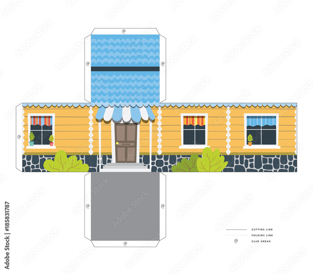 Make your own house cute 3D paper craft vector print assembly model ...