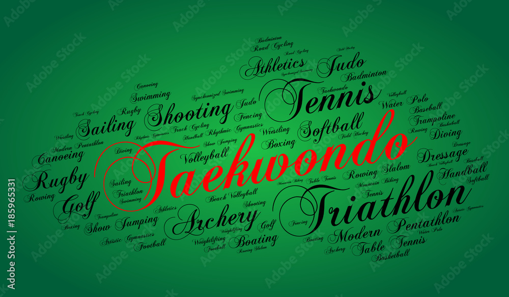 Taekwondo. Word cloud , elegant cursive font, green gradient background ...