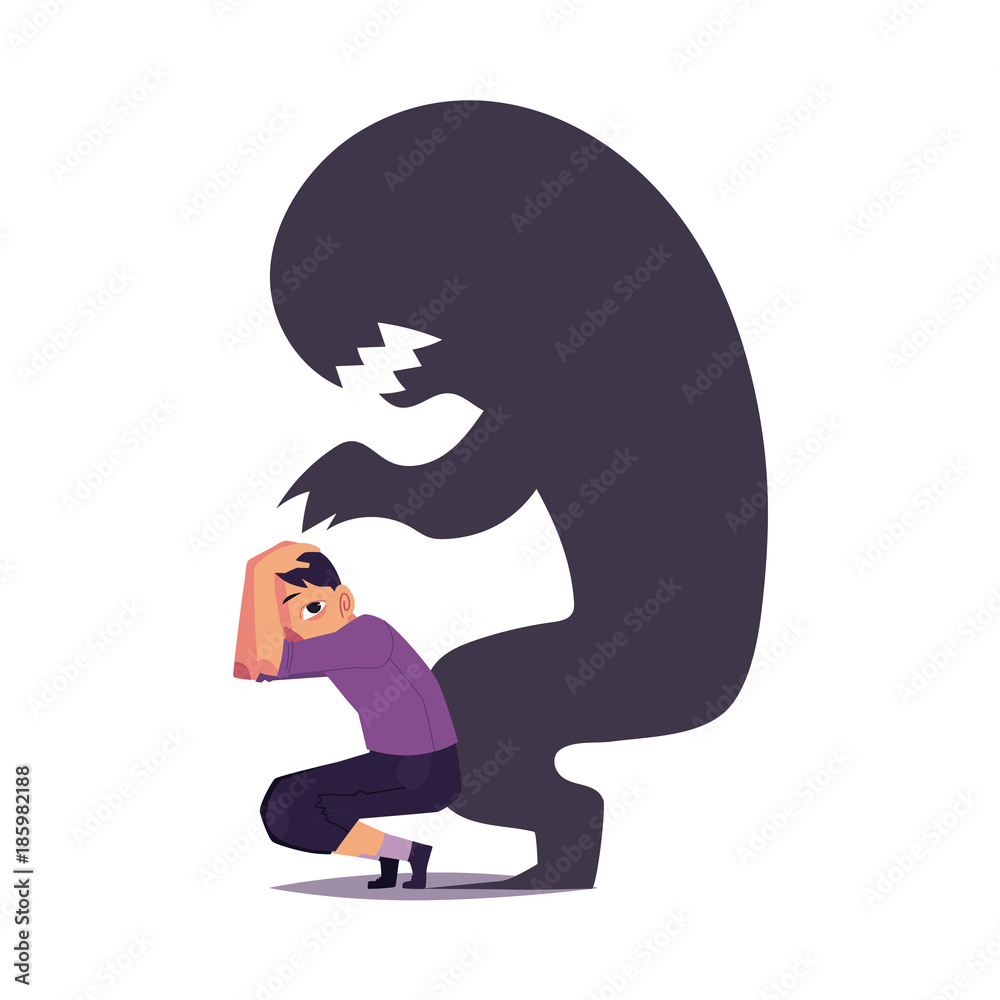 Fear, phobia shown as scary black monster shadow hanging over ...