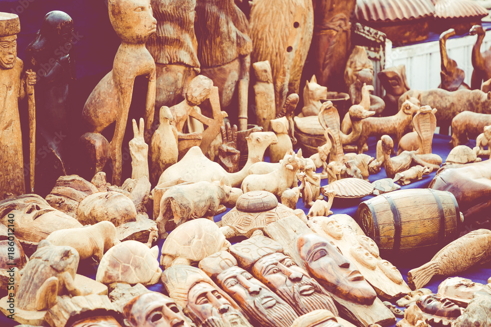 African masks, Morocco. Gift shop in Agadir. Stock Photo | Adobe Stock