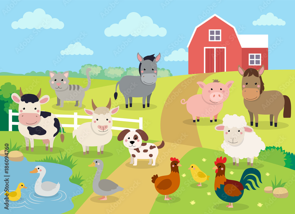 Farm animals with landscape - cow, pig, sheep, horse, rooster, chicken ...