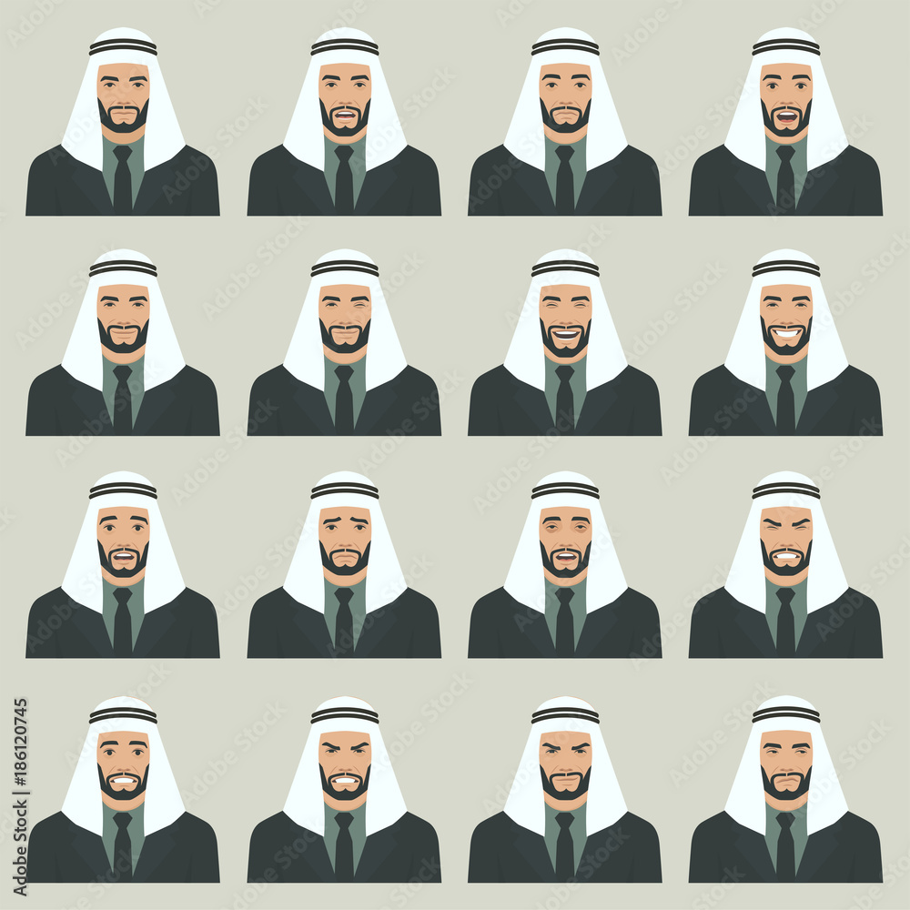 vector illustration of a arabic face expressions, set of a different ...