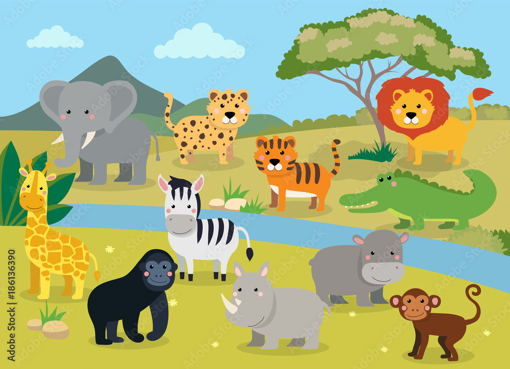 Wild animals with landscape - cute cartoon vector illustration of ...