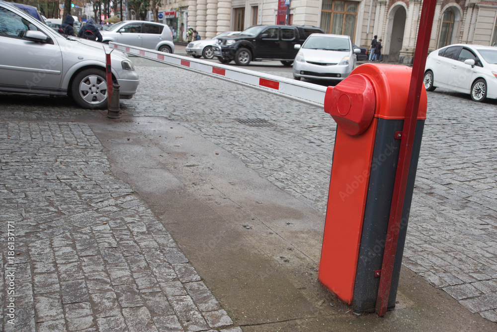 car park barrier, automatic entry system. Entrance to car park with ...